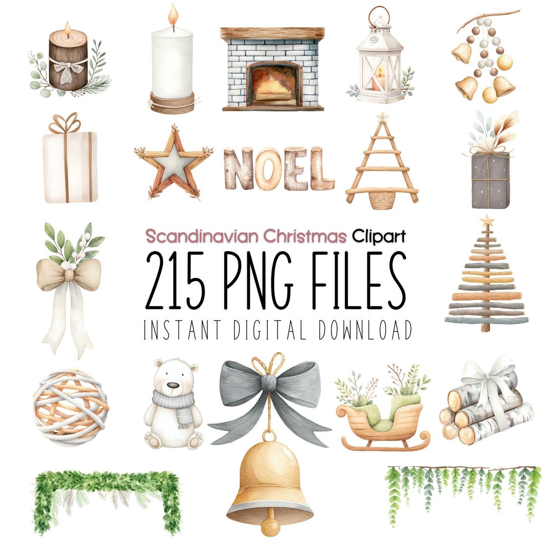 Scandinavian Christmas Clipart Bundle: Watercolor Holiday PNG Designs ...