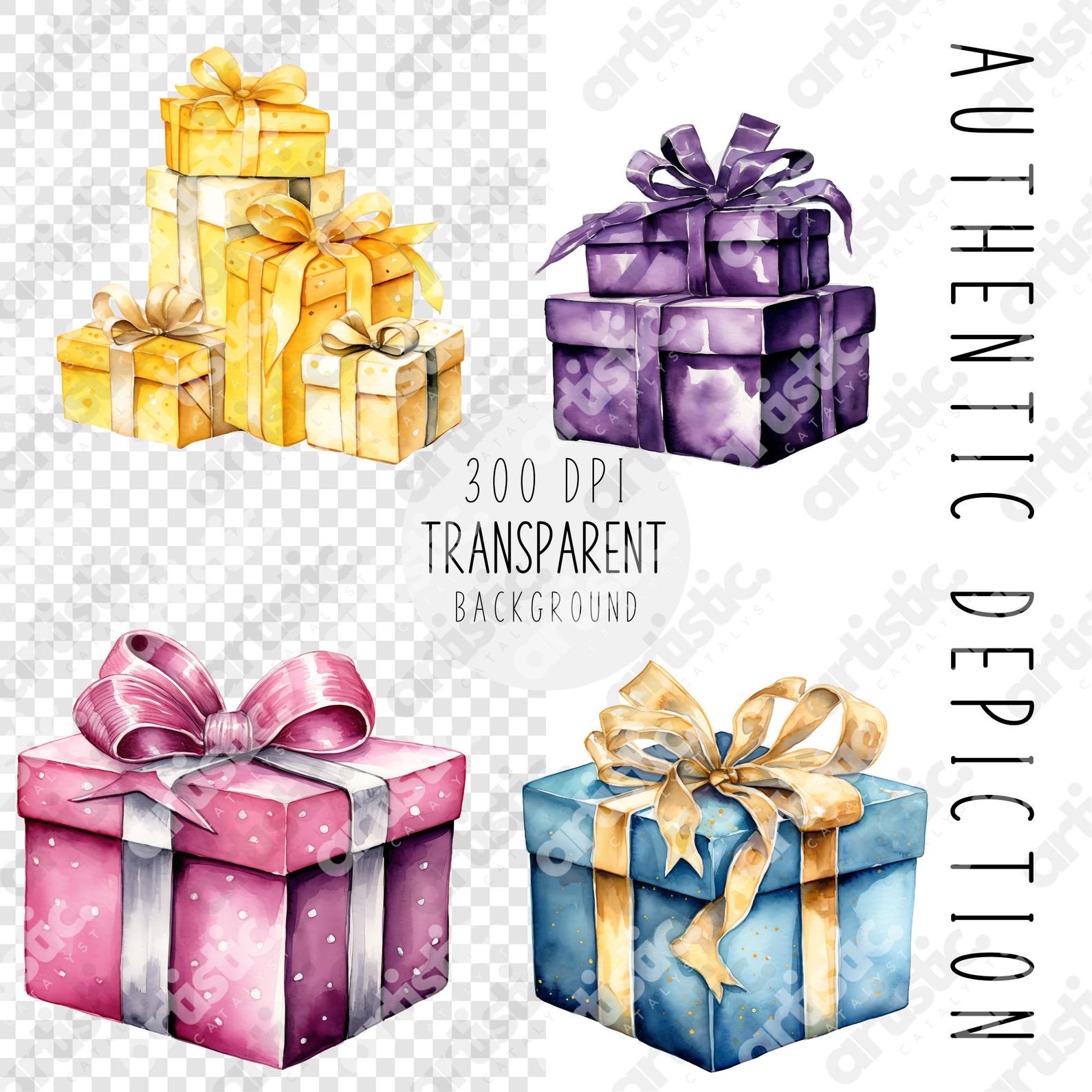 Birthday Presents Watercolor Clipart Bundle: 60 Gift Boxes, Bows (PNG ...