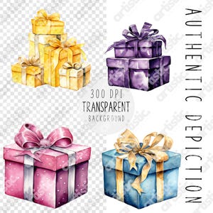 Birthday Presents Watercolor Clipart Bundle: 60 Gift Boxes, Bows (PNG ...