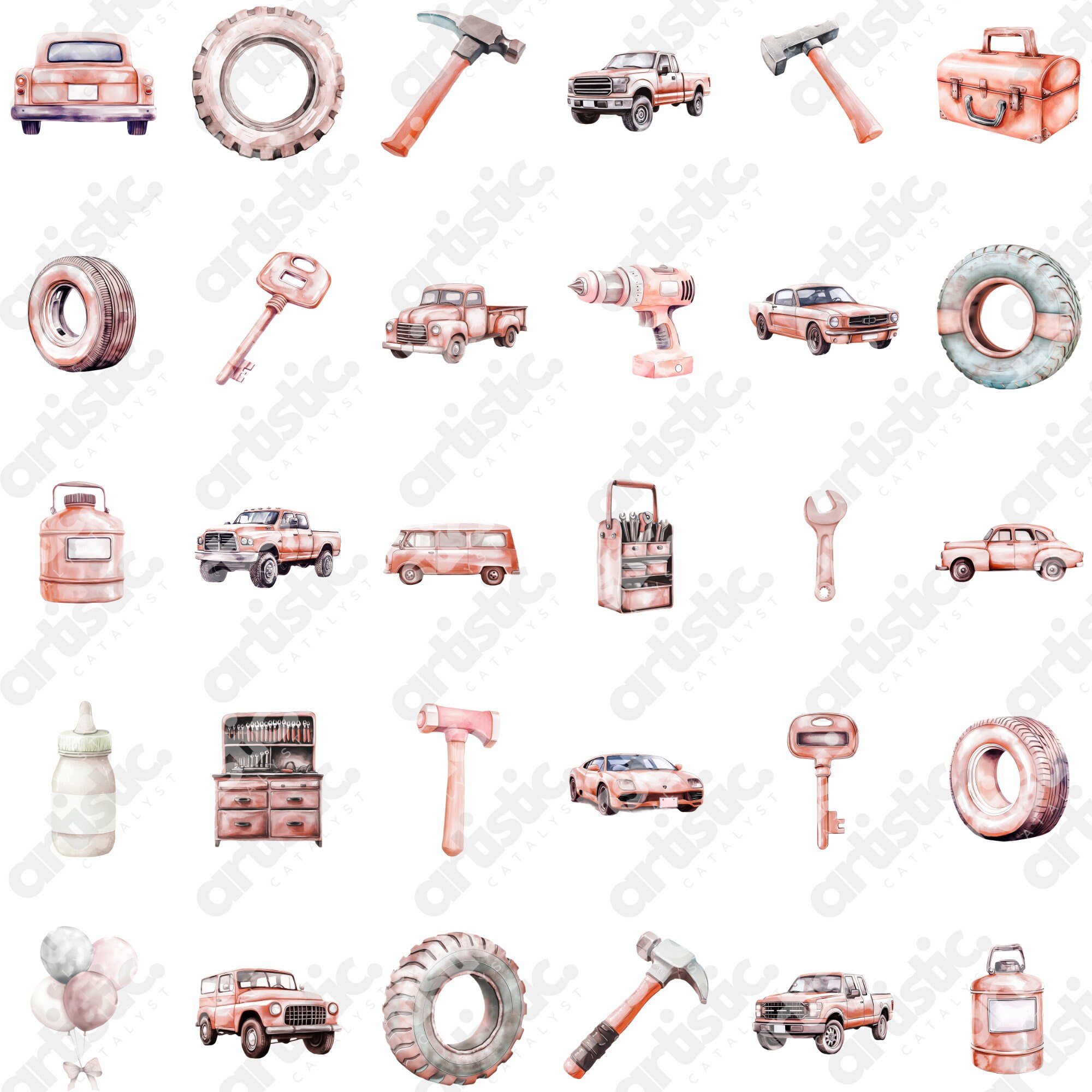 Mechanic Baby Shower Clipart: Pink Watercolor Cars (PNG/JPG) - Etsy
