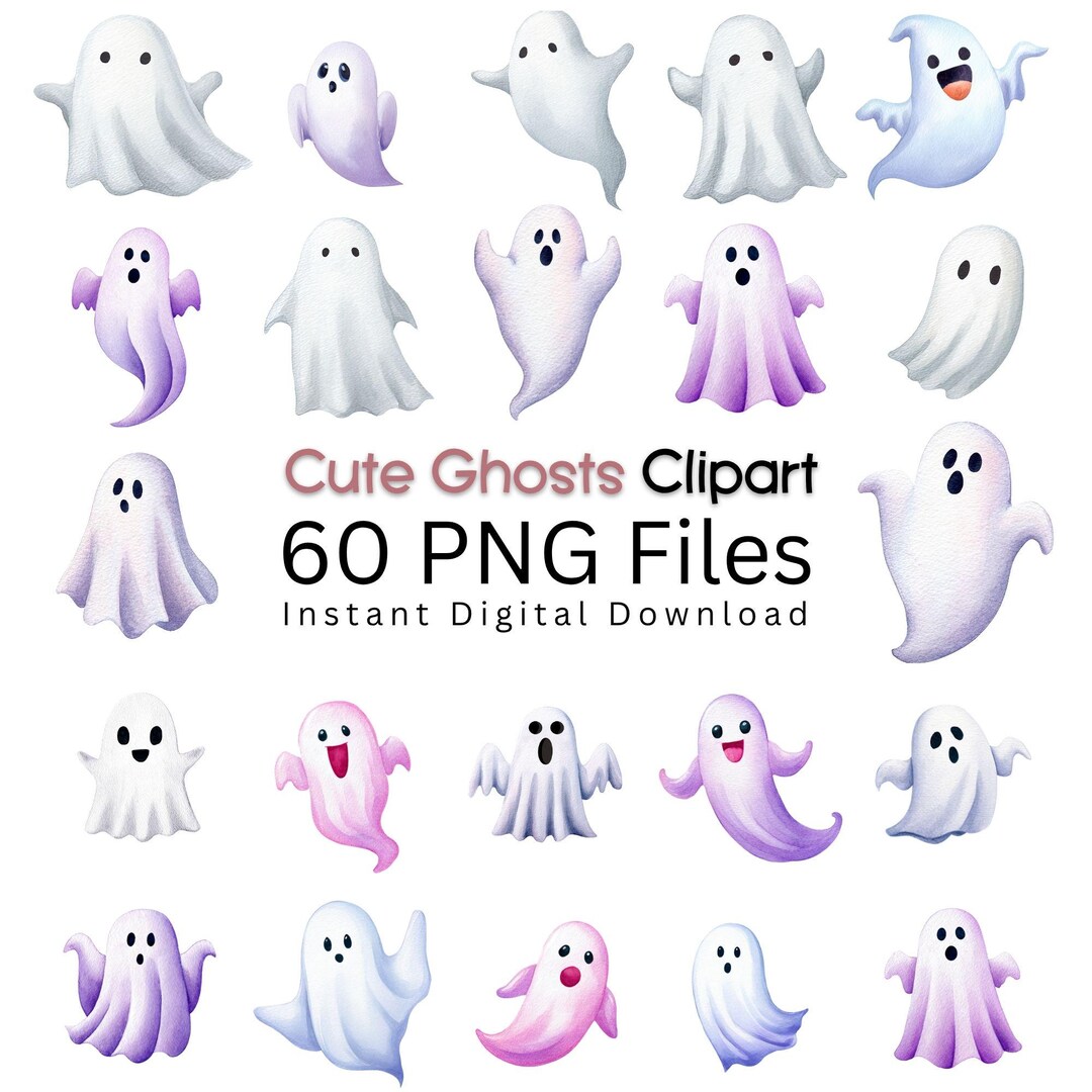 Pastel Halloween Ghost Clipart Bundle: 60 Kawaii Watercolor PNG ...