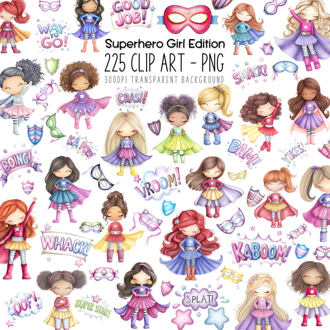 Superhero Theme Clipart – Comic Action Words, Kids Masks, Shields ...