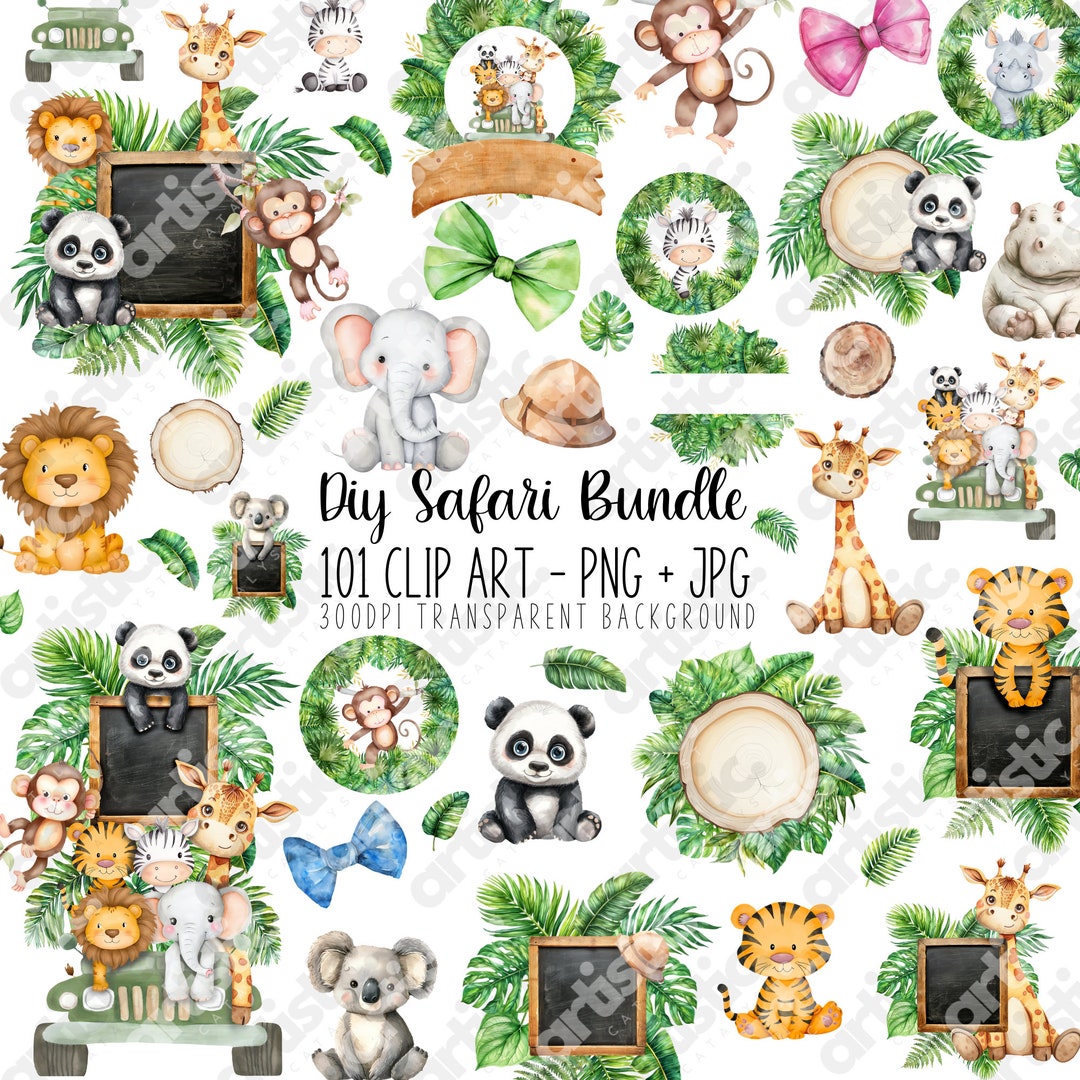 DIY Safari Clipart Bundle Jungle Animals PNG & JPG, Baby Elephant First ...