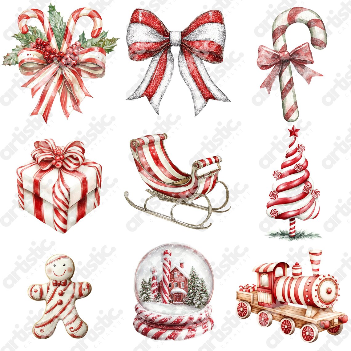 Candy Cane Christmas Clipart Bundle: Watercolor Holiday PNG (300 DPI ...