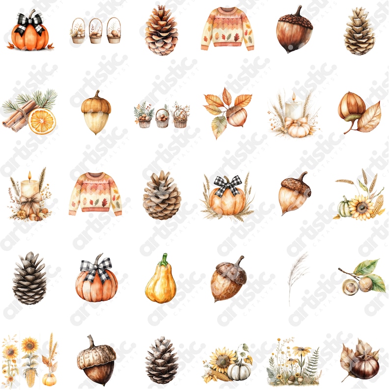 Autumn Watercolor Clipart Bundle: 168 Fall Pumpkins, Plaid Bows (PNG ...