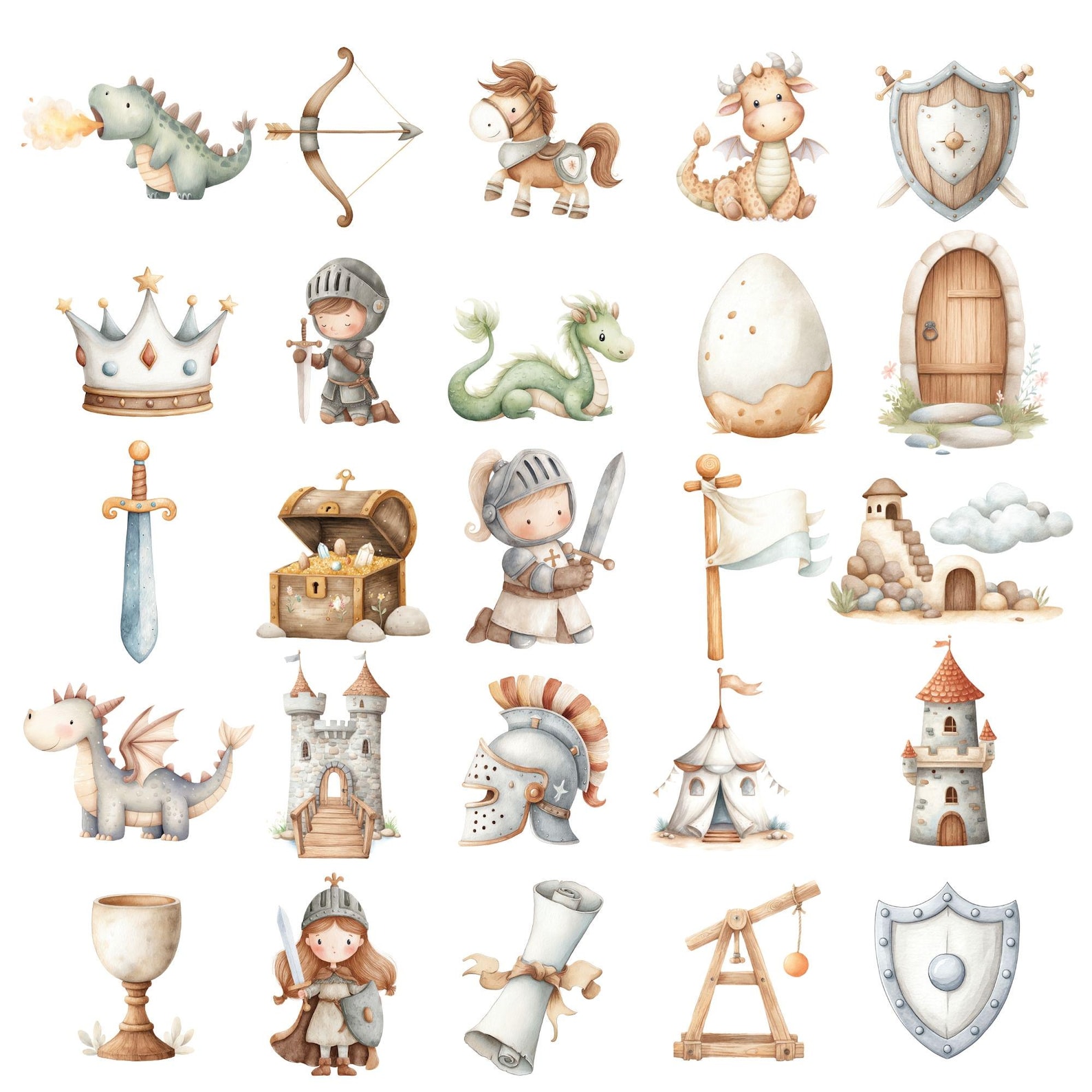 Knight Clip Art Bundle: Medieval Castle, Dragon, Princess Watercolor ...