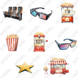 Movie Night Clipart Sampler Watercolor Movie Prints, 26 PNG Image Files ...