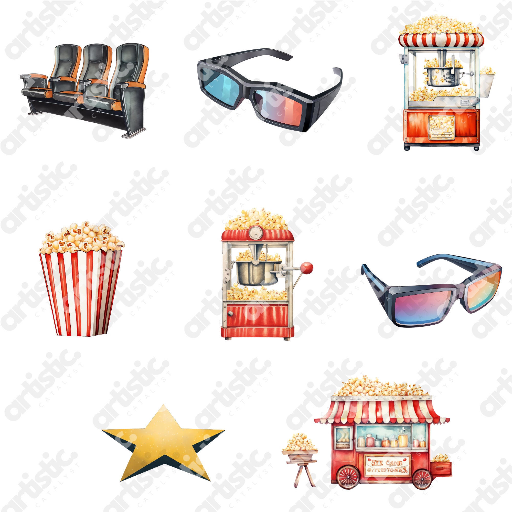 Watercolor Movie Night Clipart: Cinema PNG Images (26 Files) - Etsy