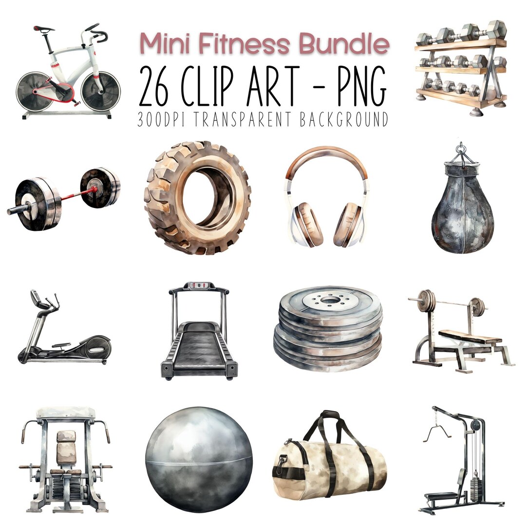 Watercolor Fitness Clipart Bundle: Gym Decor, Workout Planner (26 PNG ...