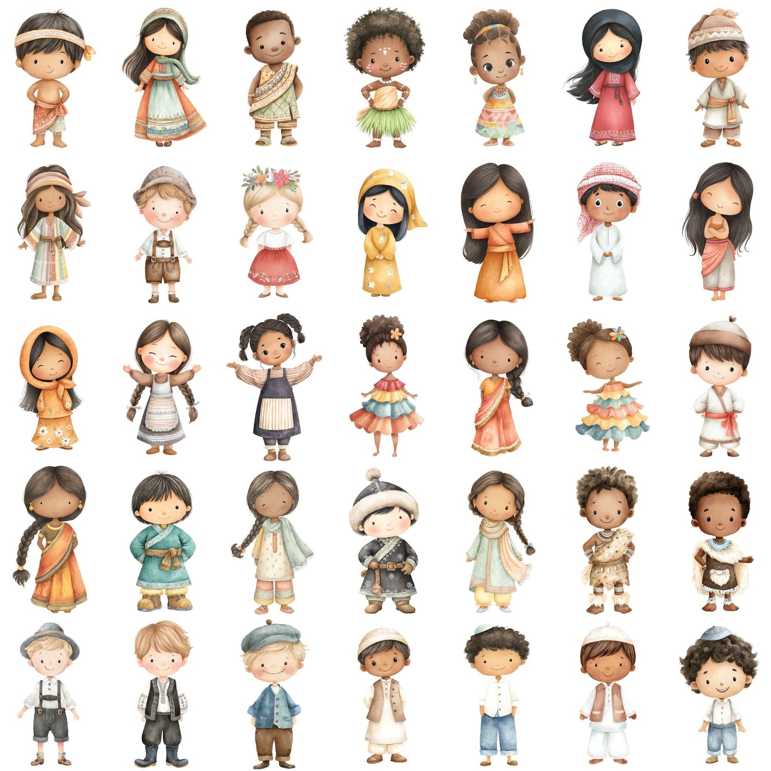 Multicultural Kids Clipart Bundle: Watercolor Cultural Dress Pngs ...