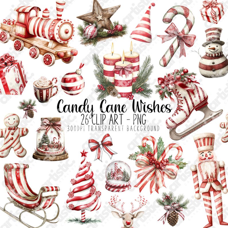 Candy Cane Christmas Clipart Bundle: Watercolor Holiday PNG (300 DPI ...