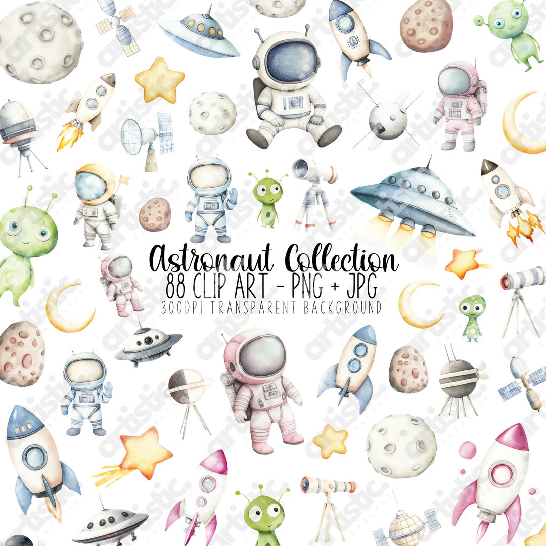 Outerspace Clipart Bundle - Watercolor Astronauts, Space Shuttle PNG ...