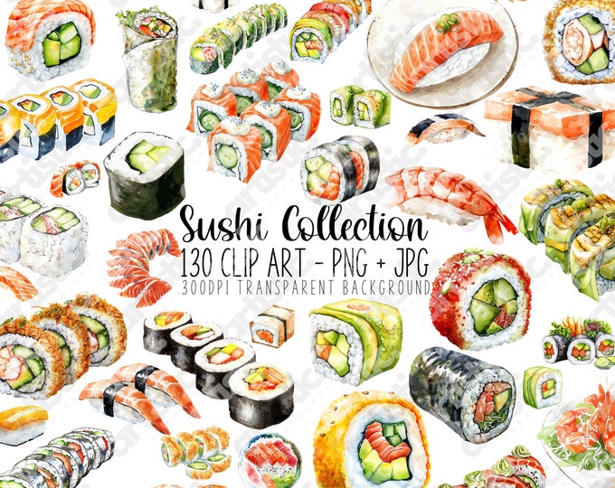 Sushi Watercolor Clipart Bundle: Japanese Food Illustrations (digital ...