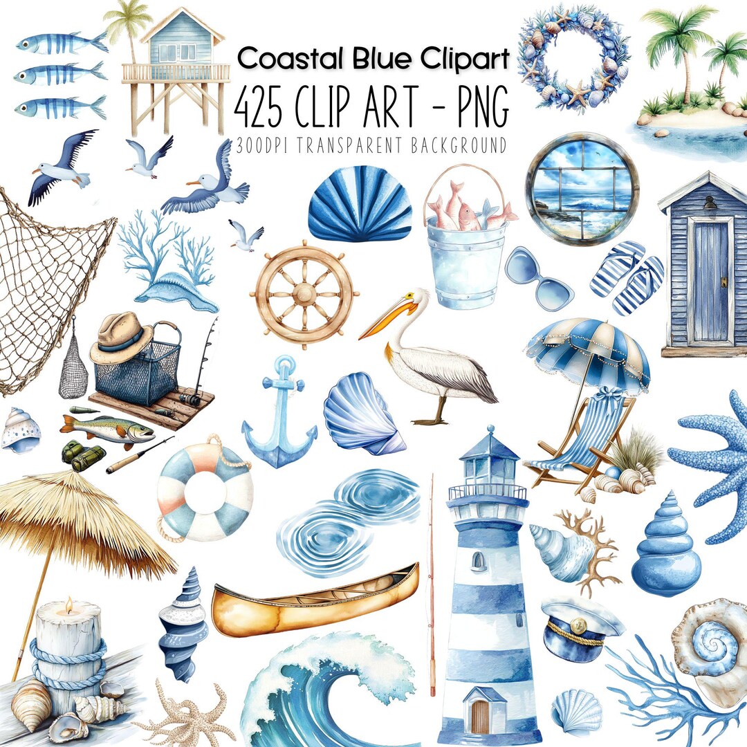 Blue Nautical Watercolor Clipart Bundle: Coastal Summer PNG (digital ...