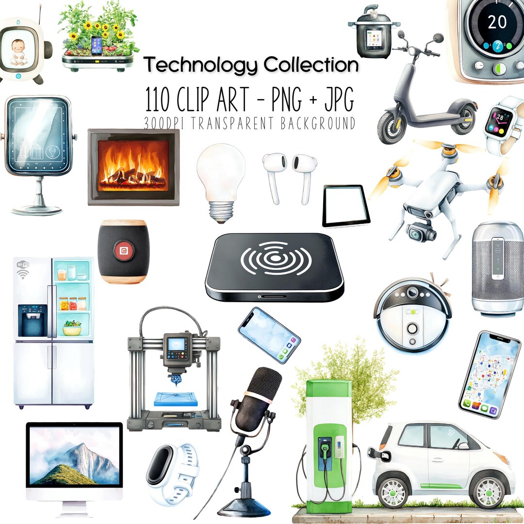 Watercolor Technology Clipart Bundle: 110 PNG Images (digital Download ...