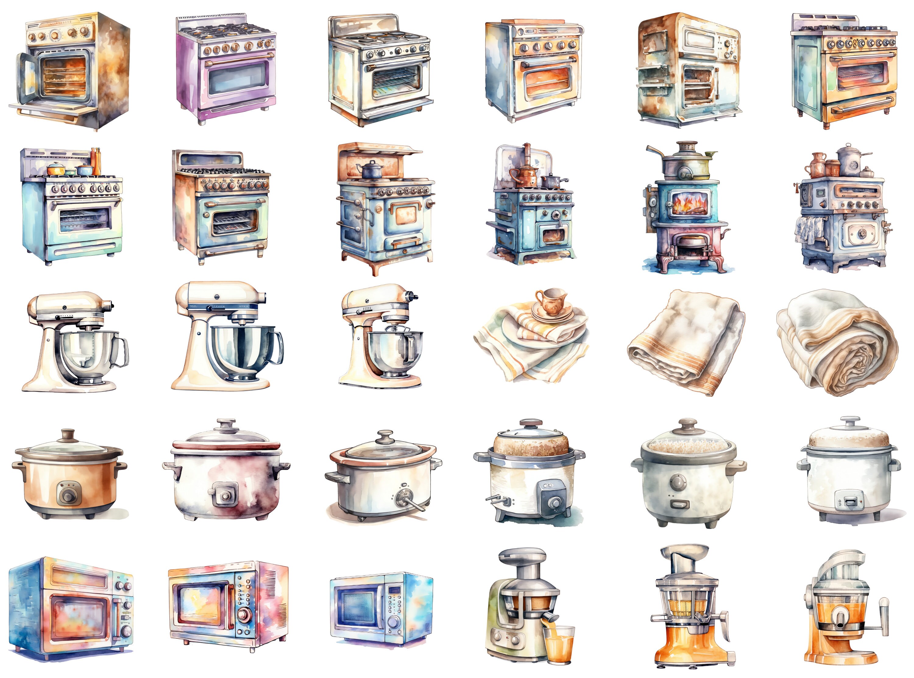 Kitchen Clipart Bundle, Watercolor PNG/JPG, Transparent Background, DIY ...