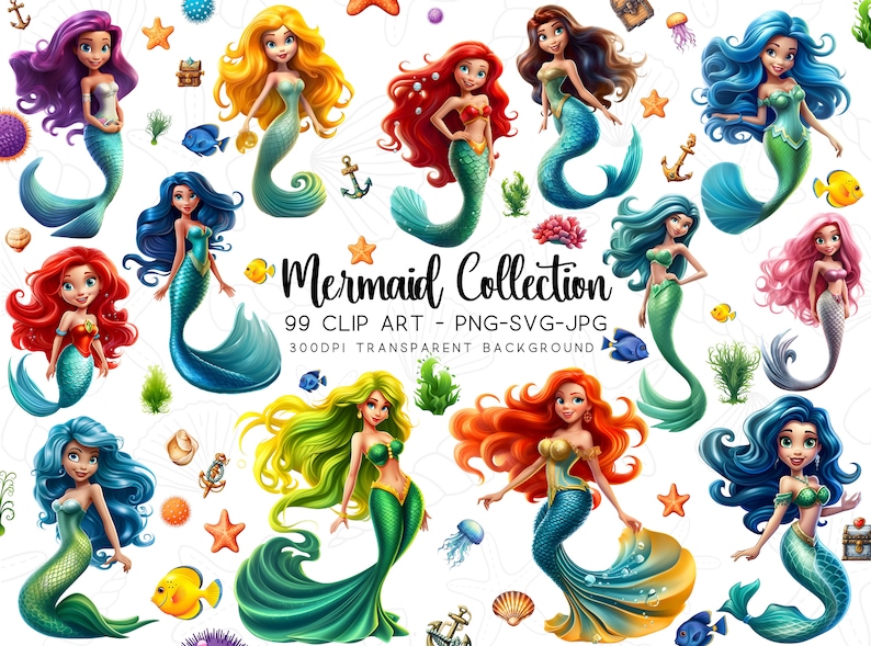 99 Mermaid Bundle Clipart Watercolor PNG/JPG Transparent - Etsy