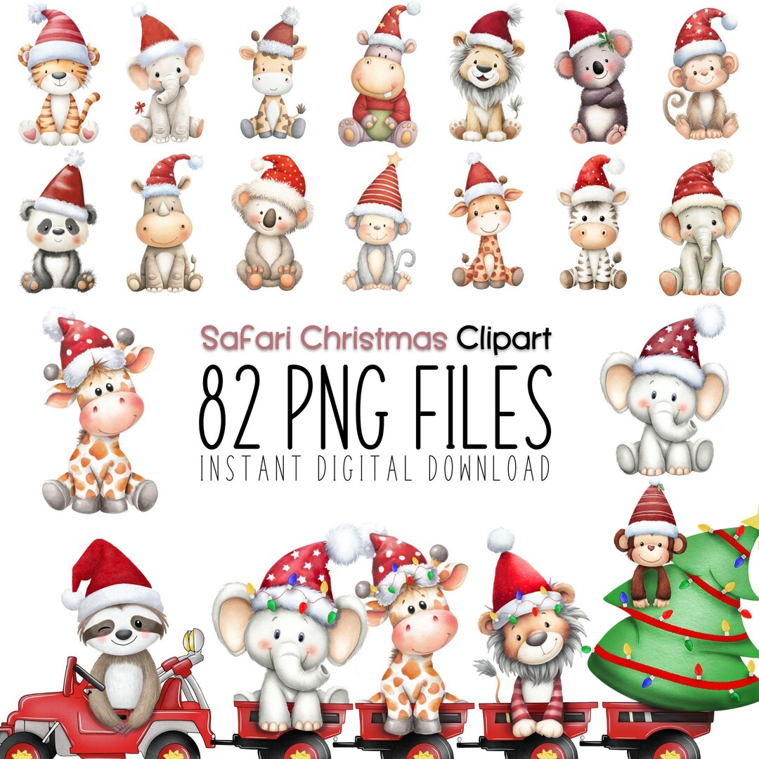 Safari Christmas Clipart: Watercolor Jungle Animals PNG Bundle (digital ...