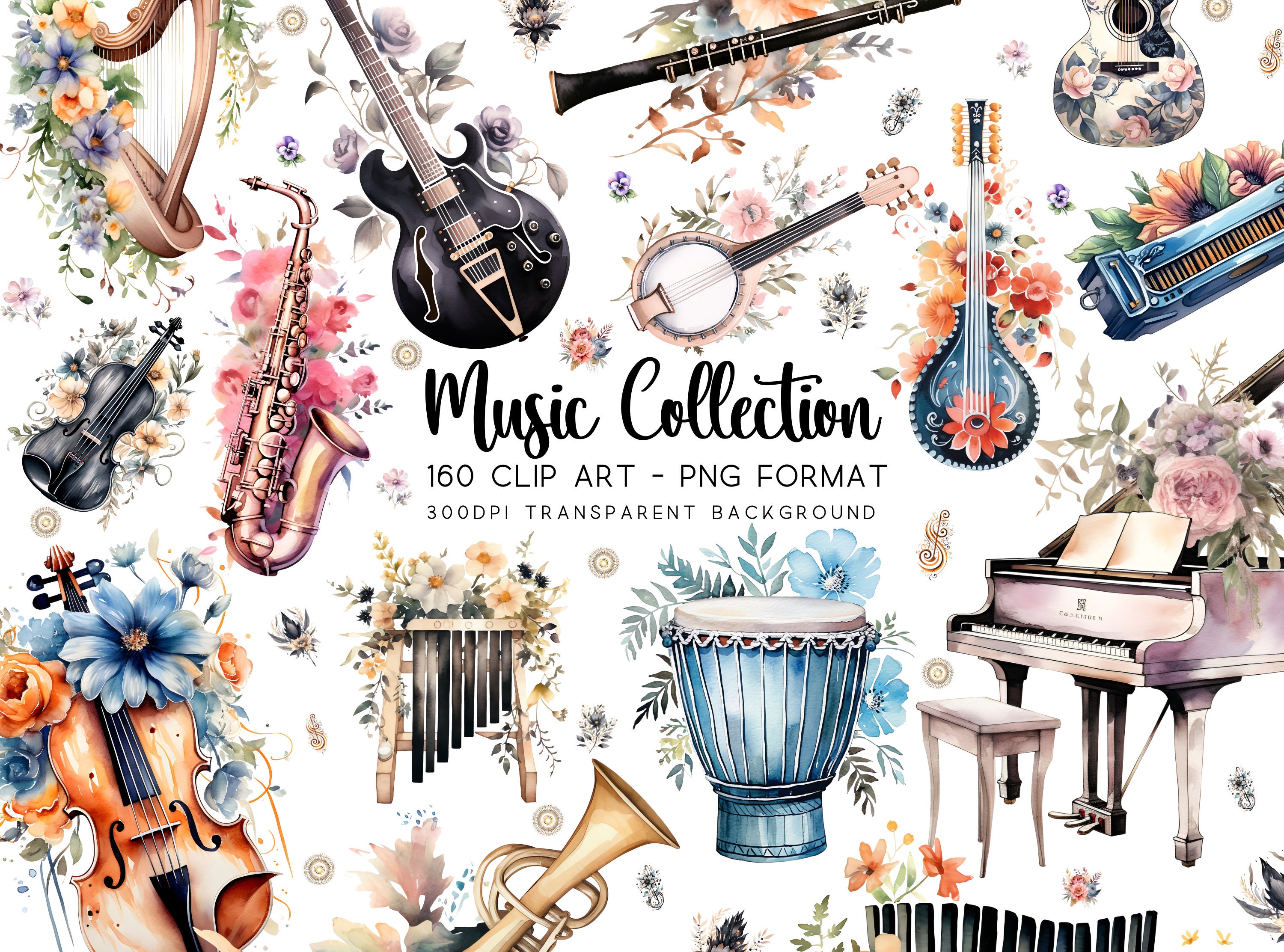 Music Clipart Floral Watercolor Instrument : 160 PNG/JPG Graphics - Etsy