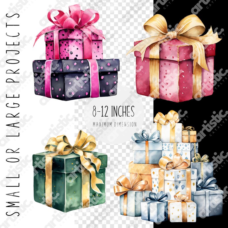 Birthday Presents Watercolor Clipart Bundle: 60 Gift Boxes, Bows (PNG ...