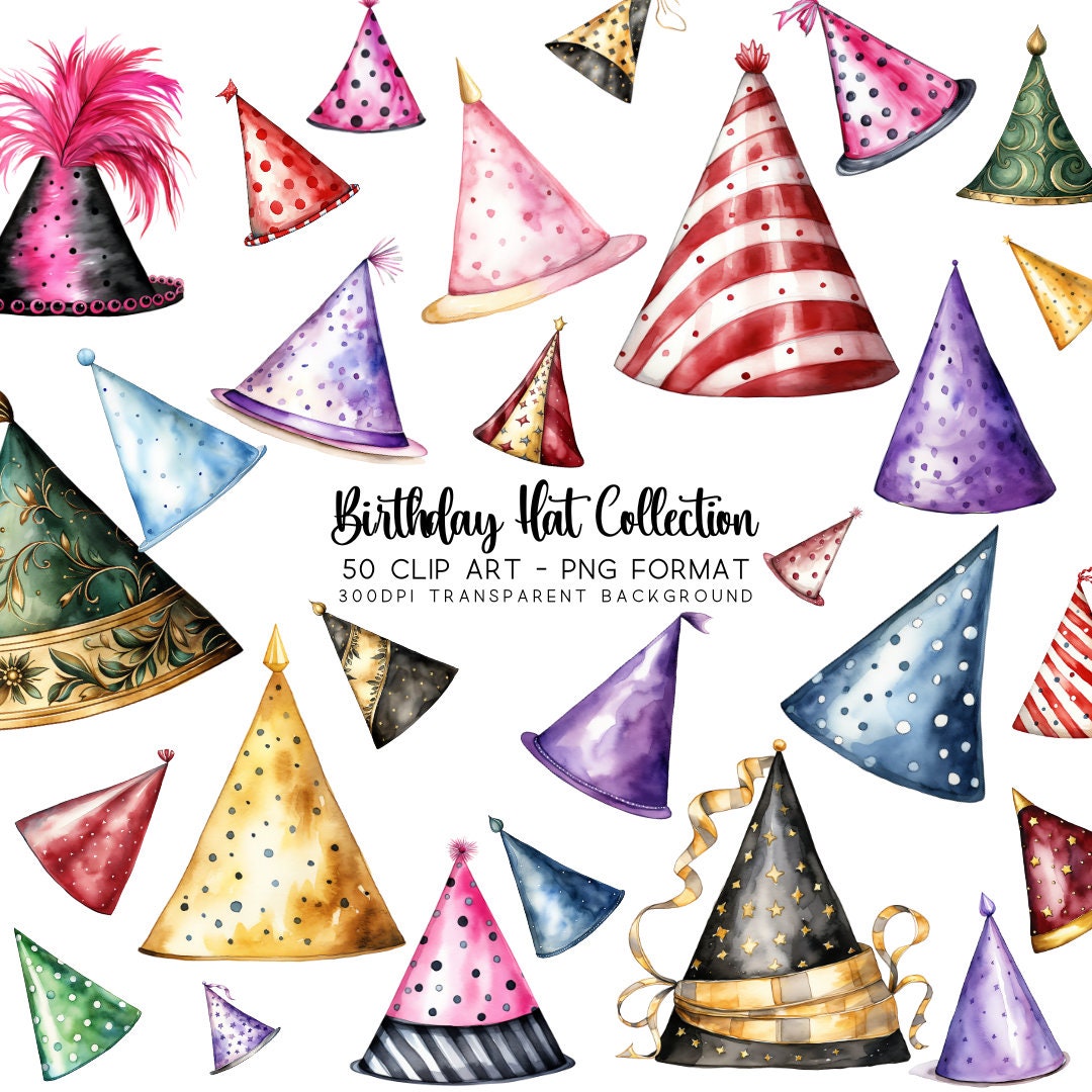 50 Birthday Hats Bundle Clipart Graphic Set in Watercolor Featuring ...