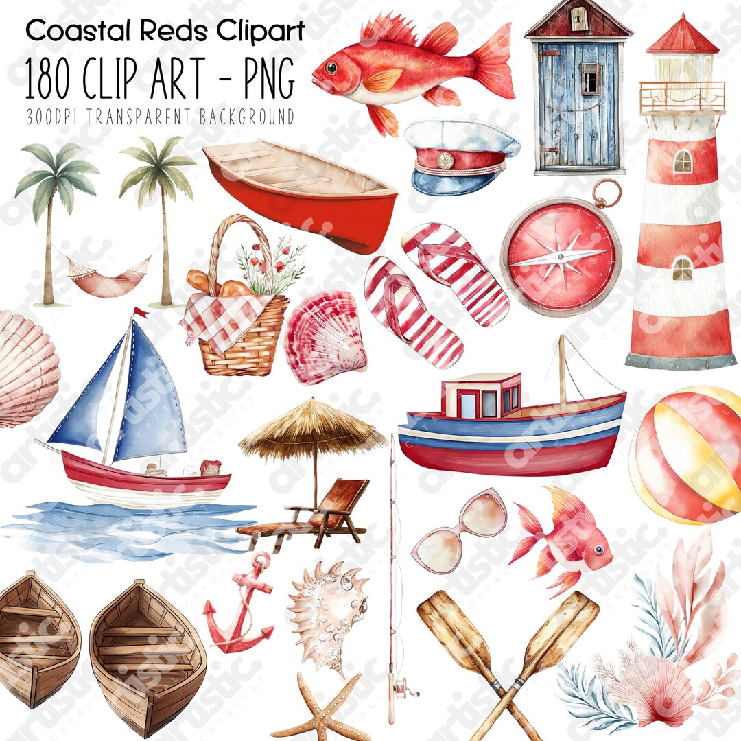 Ocean Life Nautical Watercolor PNG Clipart Bundle, Seaside Printable ...
