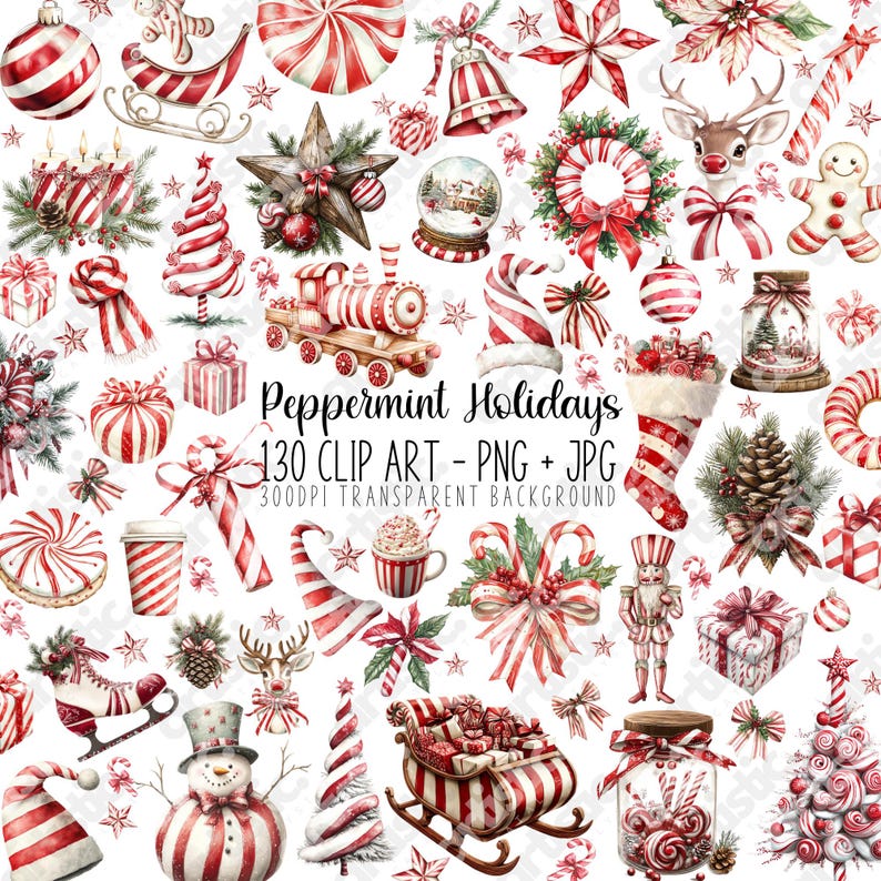 Christmas Clipart Watercolor Bundle: Peppermint Candy Canes (130 PNG ...