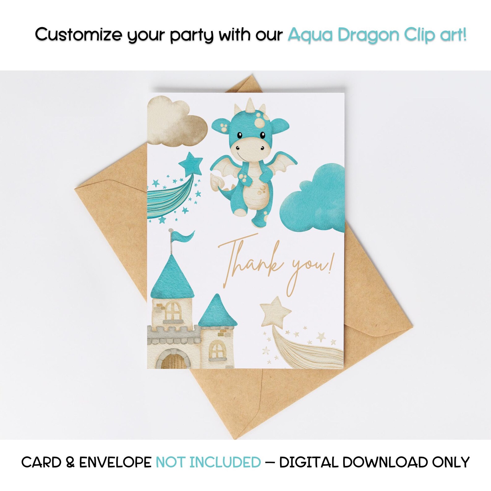 Aqua Dragon Clipart Bundle: Watercolor Fantasy PNG Graphics (digital ...