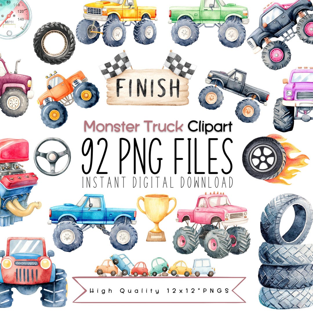 Monster Truck Watercolor Clipart Bundle: Race Car Party Decor (PNG ...