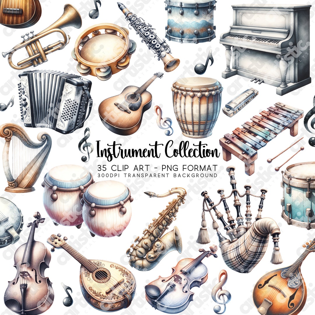 Watercolor Musical Instrument Clipart Bundle (PNG) - Etsy