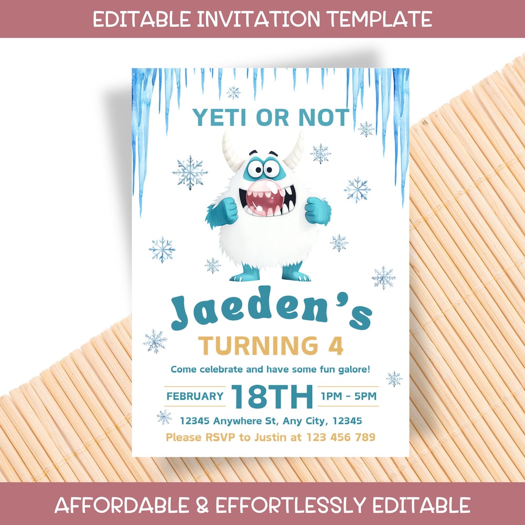 Yeti Invitation Template Printable Birthday Party Invite, Winter ...