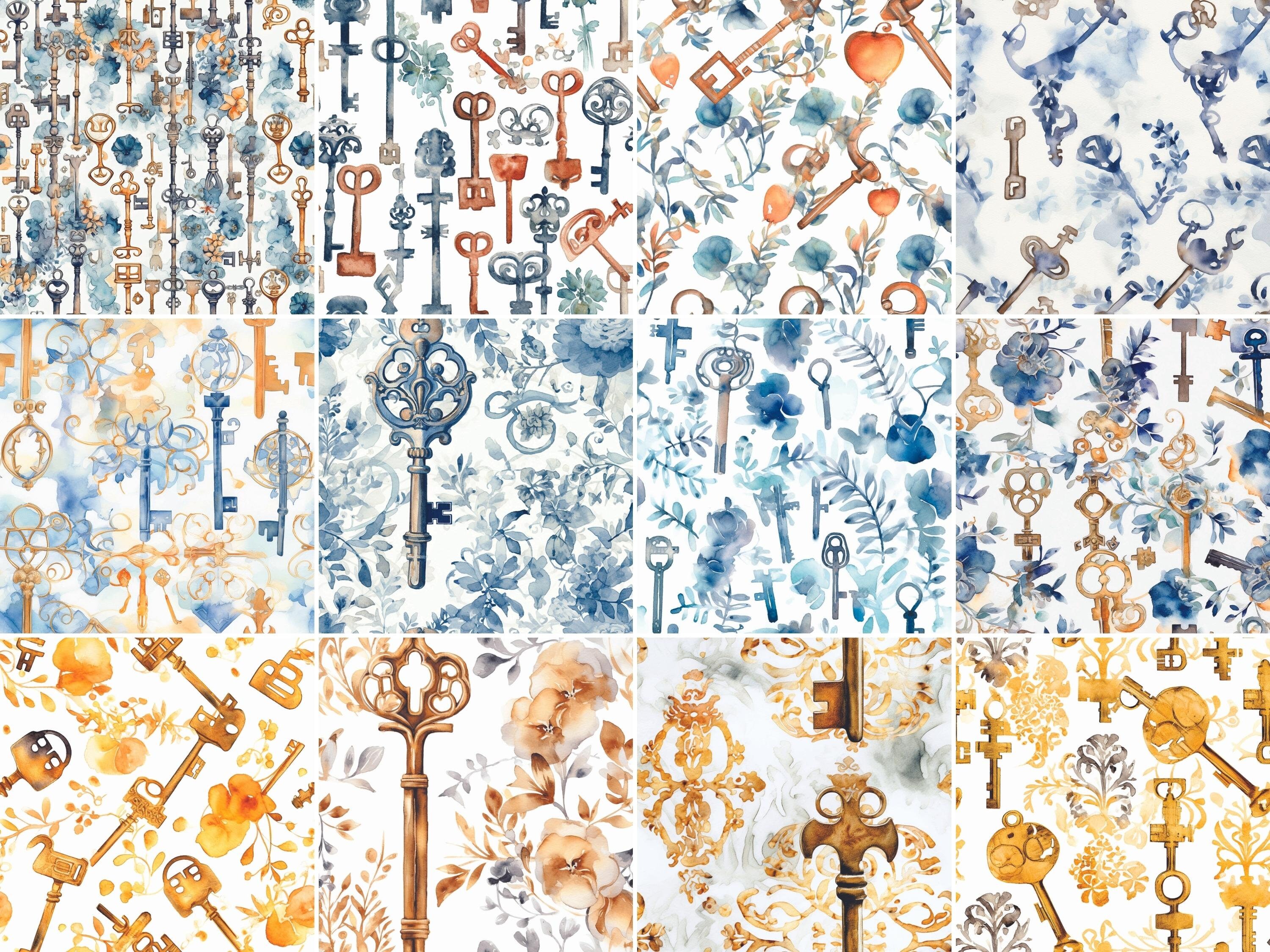 12 Vintage Keys Watercolour Seamless Digital Papers - Etsy
