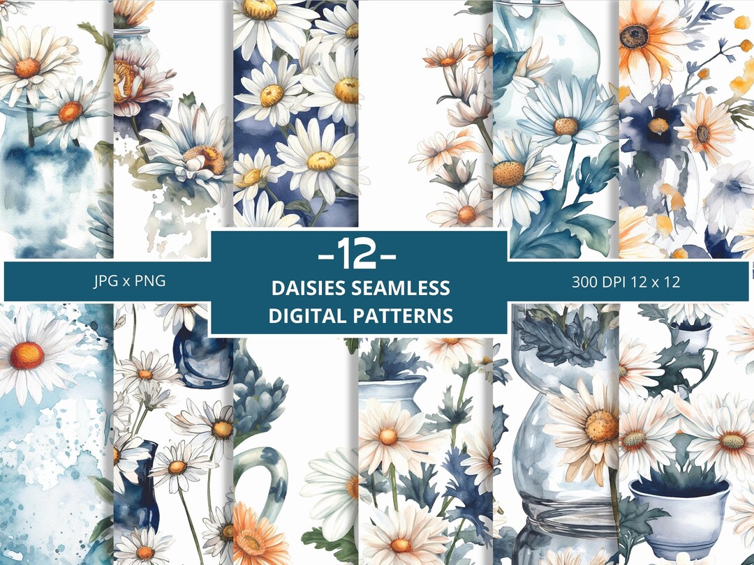 12 Daisy Flower Seamless Digital Papers, Commercial Use, Pattern Design ...