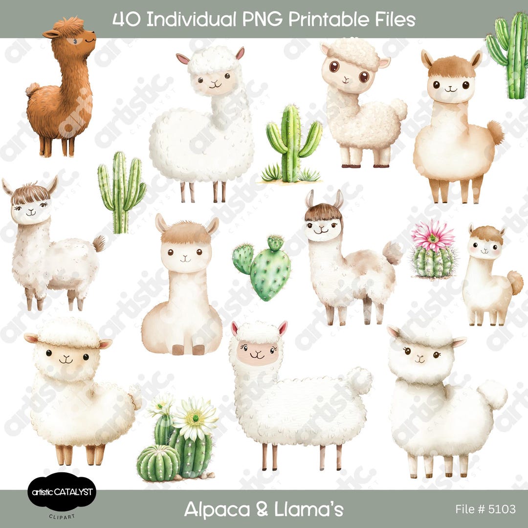 Llama Clipart - Cute Alpaca Clipart Watercolor PNG - Nursery Decor ...