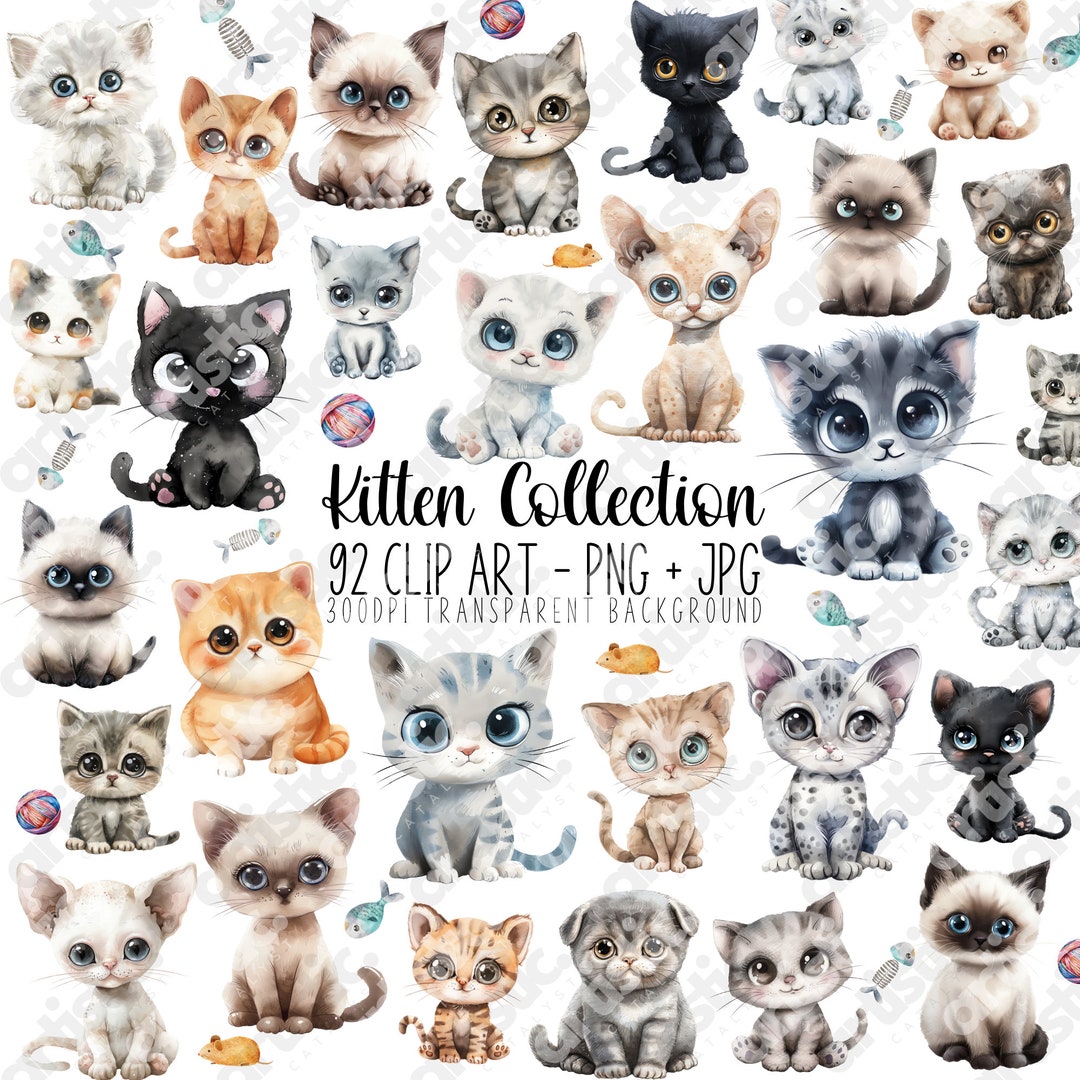 92 Kitten Clipart Bundle Watercolor PNG & JPG Cute Cat Art for Nursery ...
