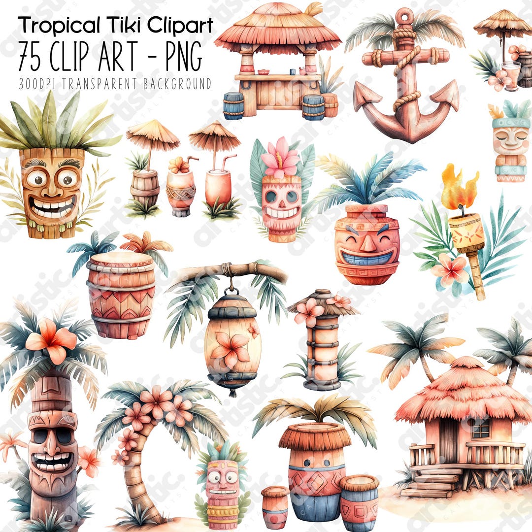 Tropical Tiki Beach Vibes, Watercolor PNG Clipart Bundle, Tropical ...
