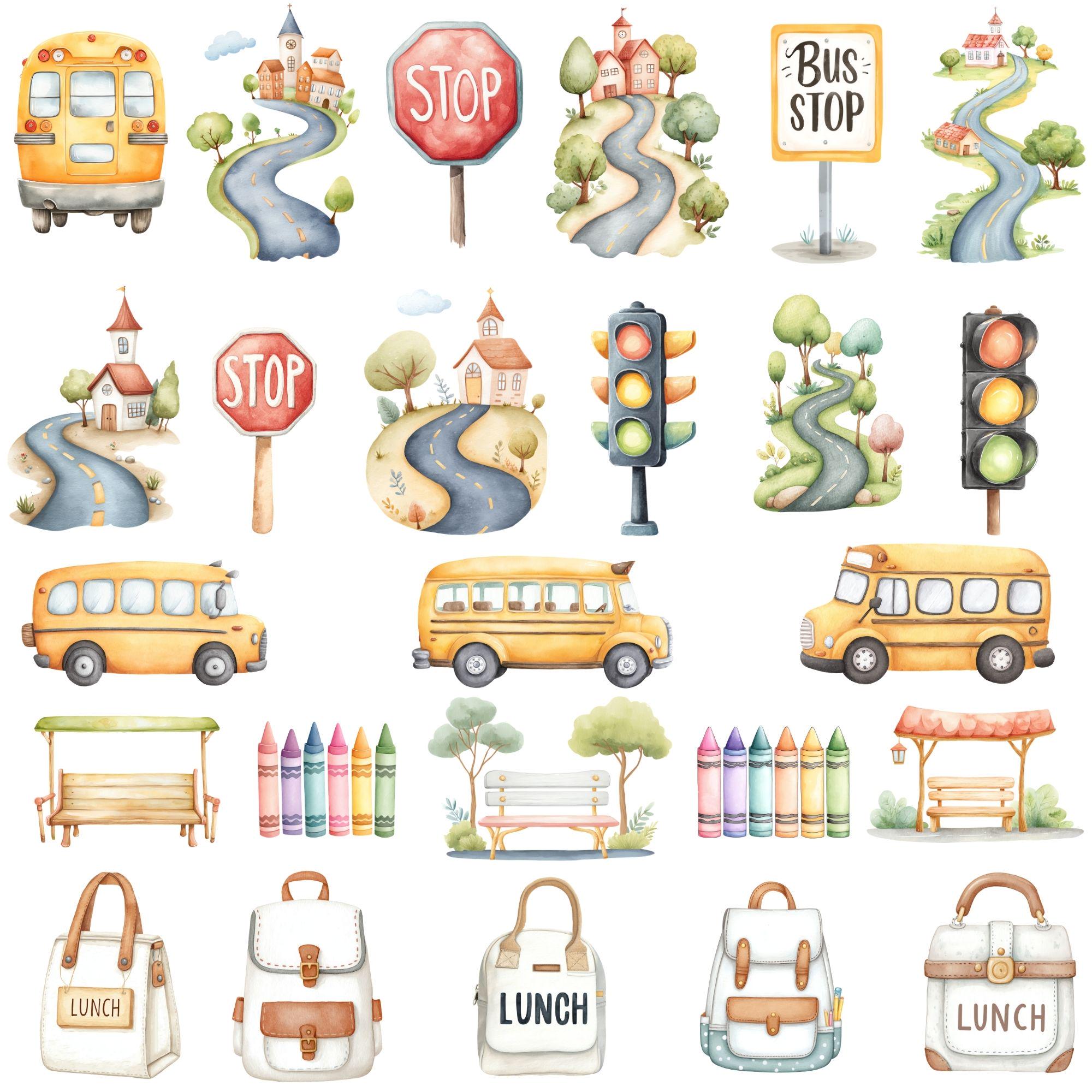 School Bus Clipart Bundle: Watercolor Back to School PNG (digital ...