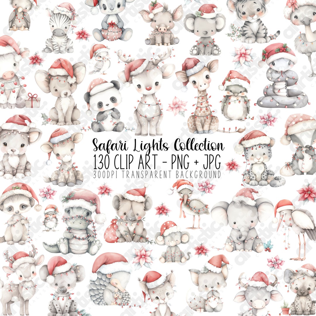 Safari Clipart Bundle 130 PNG Images of Jungle Animals in Christmas ...