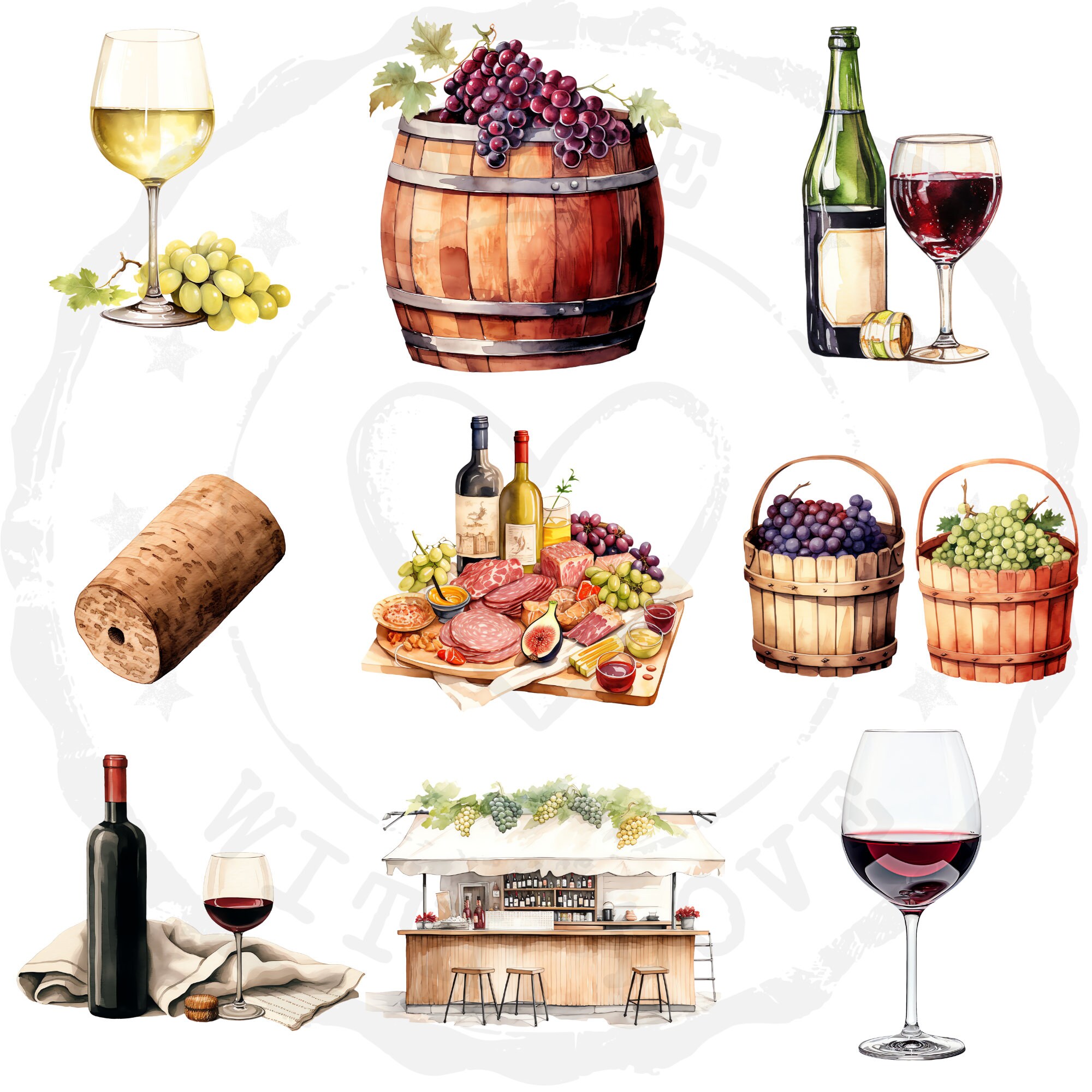 Watercolor Wine Vineyard Clipart Bundle: Grapes, Cheese, Wine Glasses ...