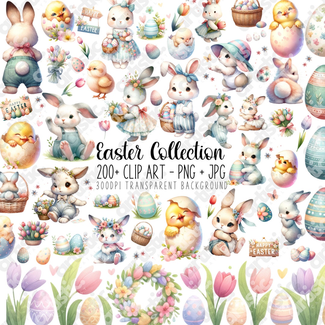 Easter Clipart Bundle: Watercolor Bunny, Eggs, Tulips, PNG/JPG for ...