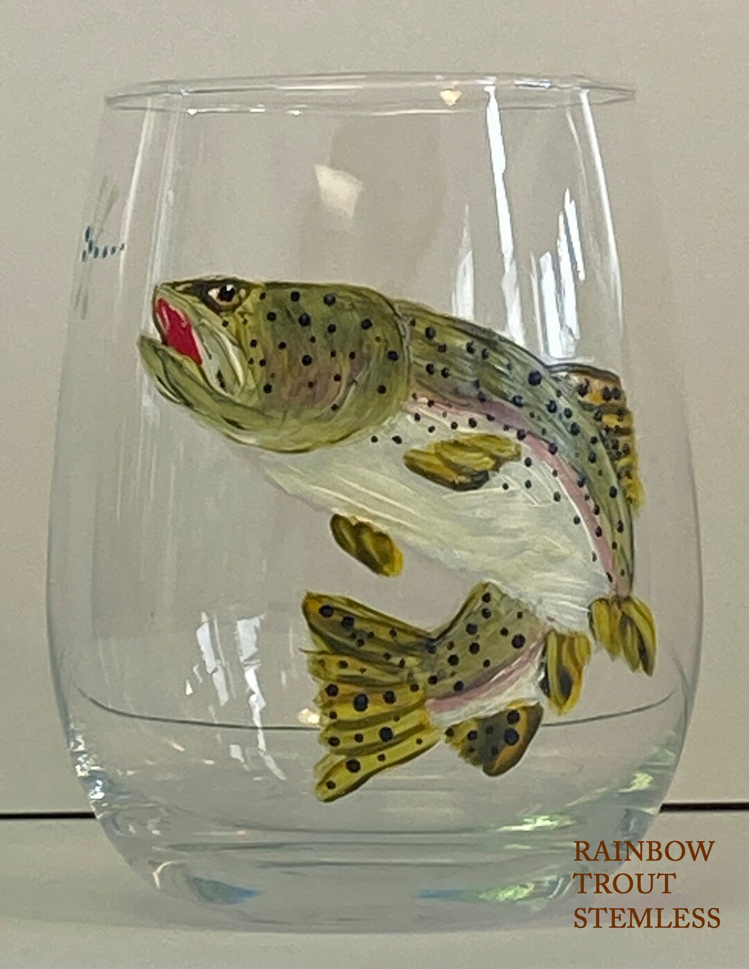 Hand Painted Stemless Wine Glass Trout With Dragonfly - Etsy