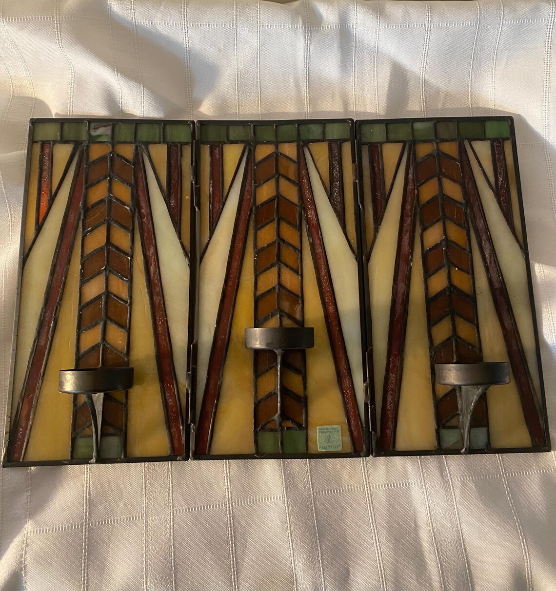 Vintage Stained Glass Artisan Tealight Candle Screen**retired Partylite ...