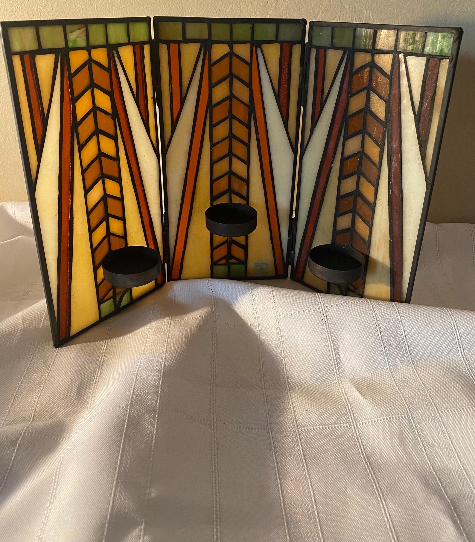 Vintage Stained Glass Artisan Tealight Candle Screen**retired Partylite ...