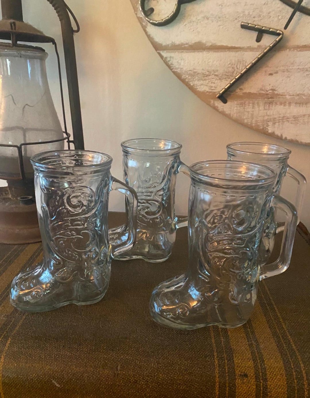 Set of Four Vintage Western Cowboy Boot Glass Mugs With Raised Glass ...