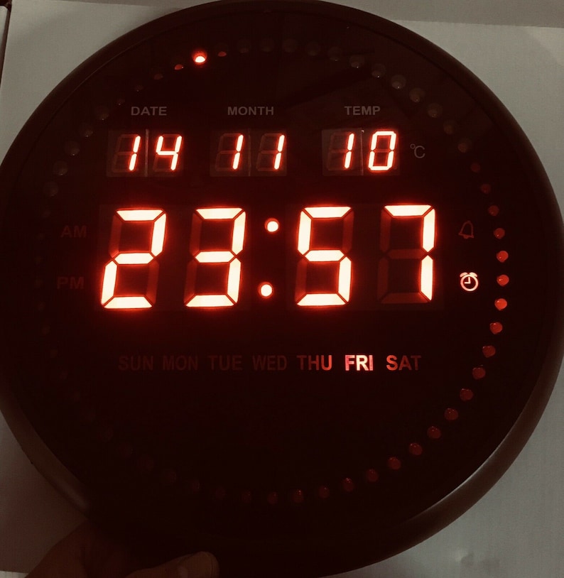 Round LED Large 30cm Digital Wall Clock Moving Seconds Date Time Alarm ...
