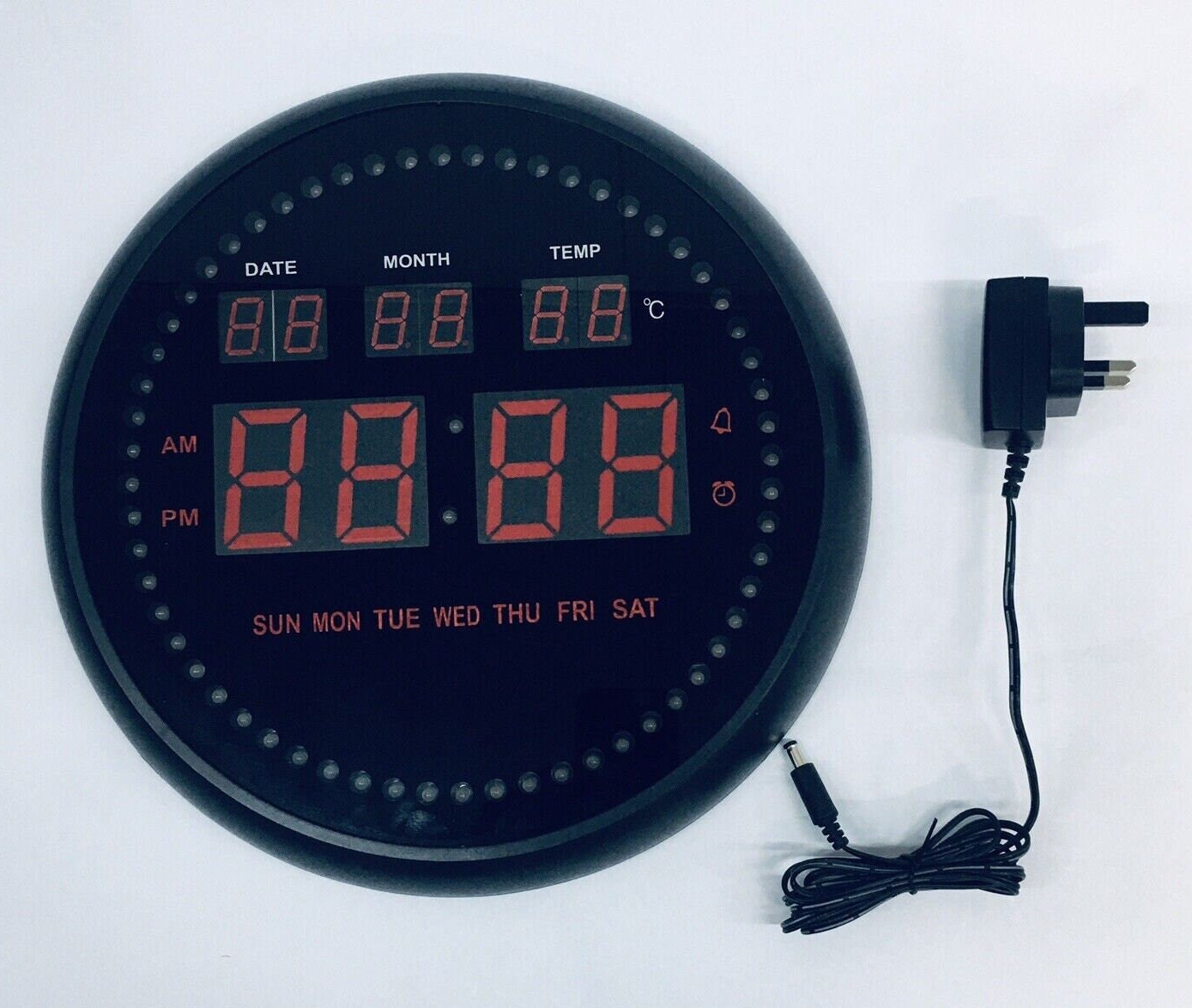 Round LED Large 30cm Digital Wall Clock Moving Seconds Date Time Alarm ...