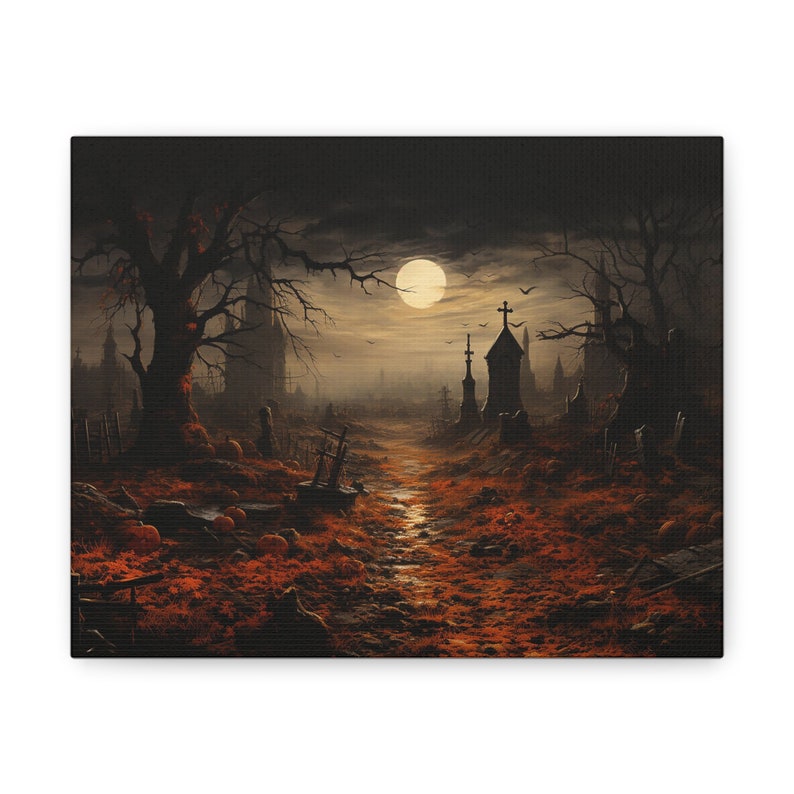 Halloween Full Moon Graveyard Painting Halloween Home Decor - Etsy