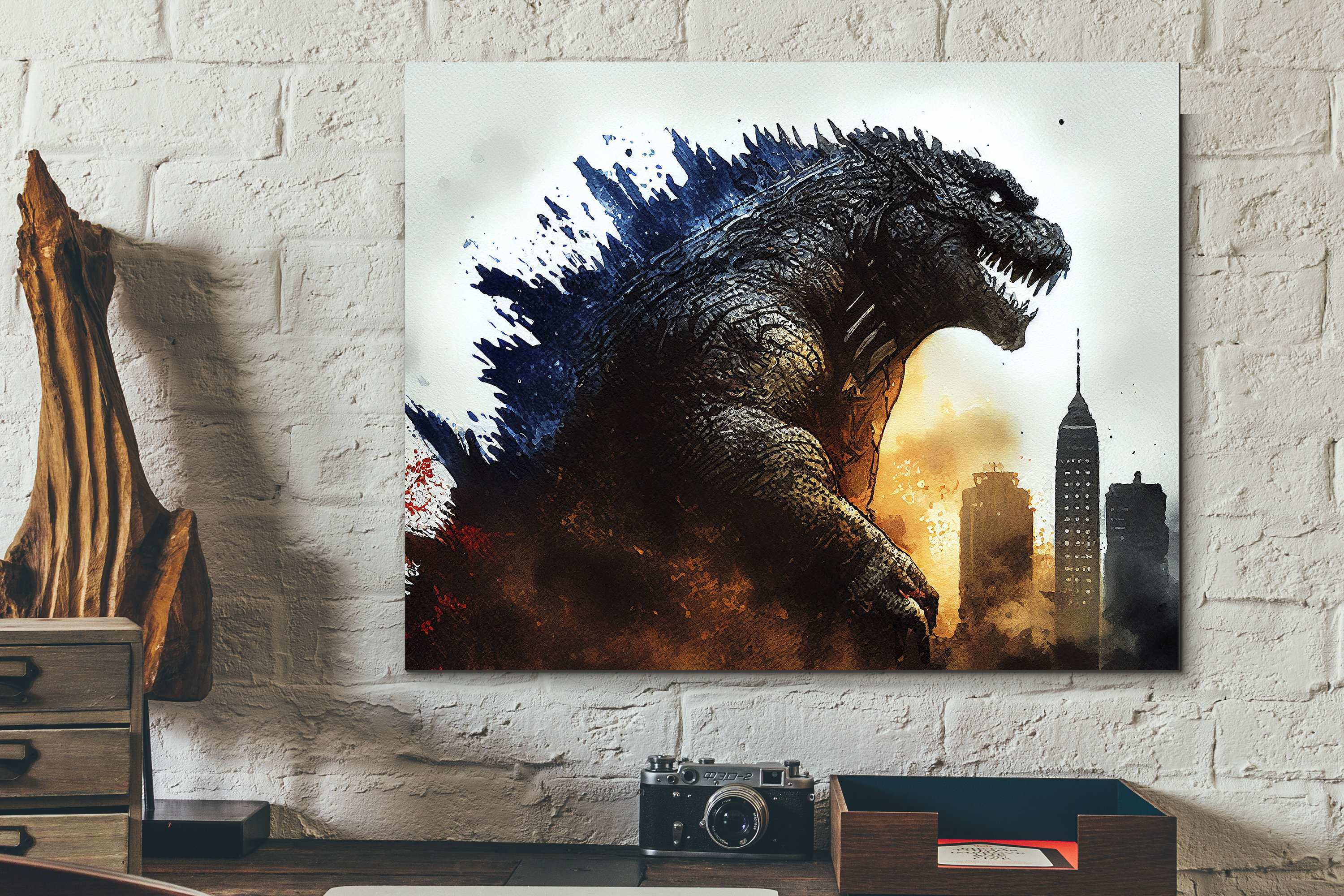 Godzilla Watercolor Rustic, Godzilla Gifts for Him, Monster Movie ...