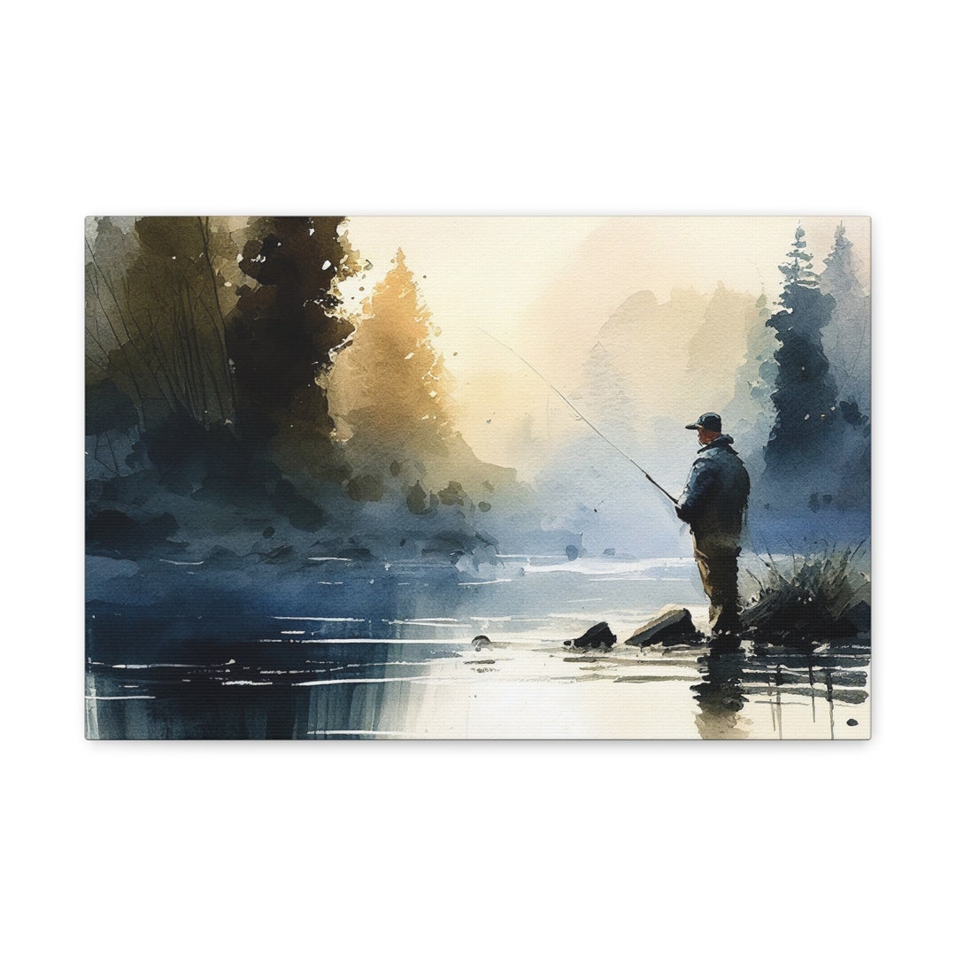 Early Fisherman Watercolor Painting Canvas Print, Montana Wall Art ...