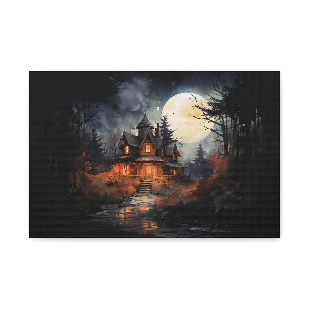 Halloween Haunted House Canvas Print, Halloween Home Decor, Spooky ...